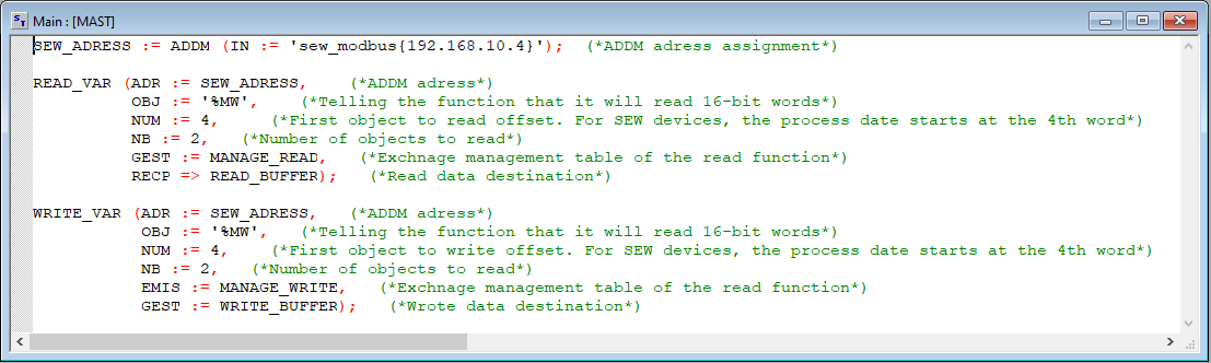 Programming a SEW VFD using Modbus TCP in Unity Pro