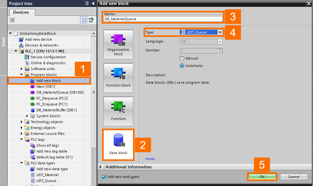 Using a Global Array Data Block in Siemens S7-1500 PLC