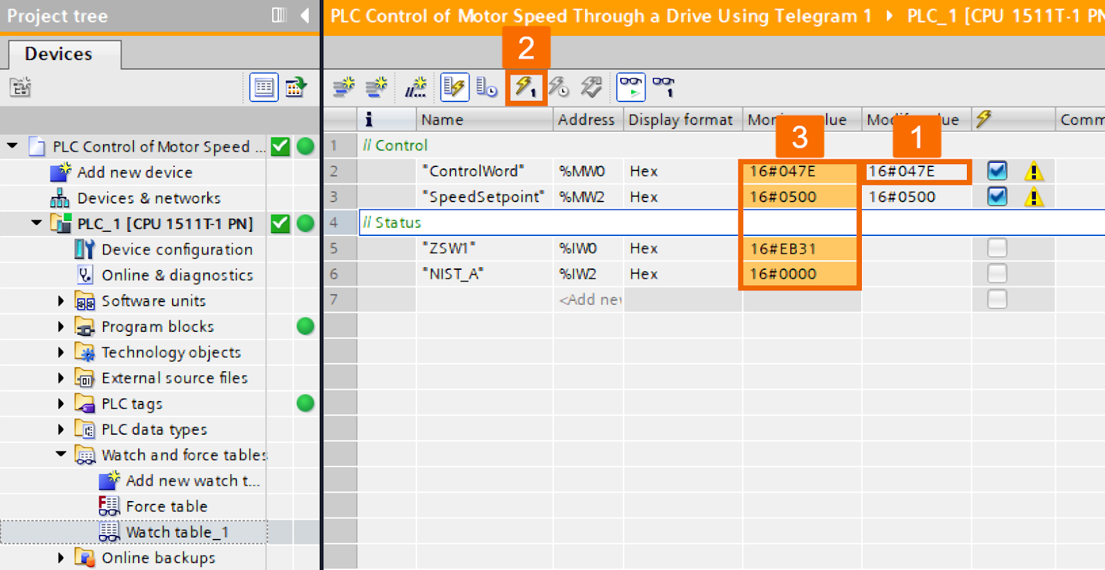 Siemens PLC Control of Motor Speed Through a Drive Using Telegram 1