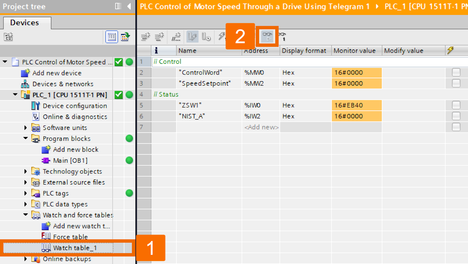 Siemens PLC Control of Motor Speed Through a Drive Using Telegram 1