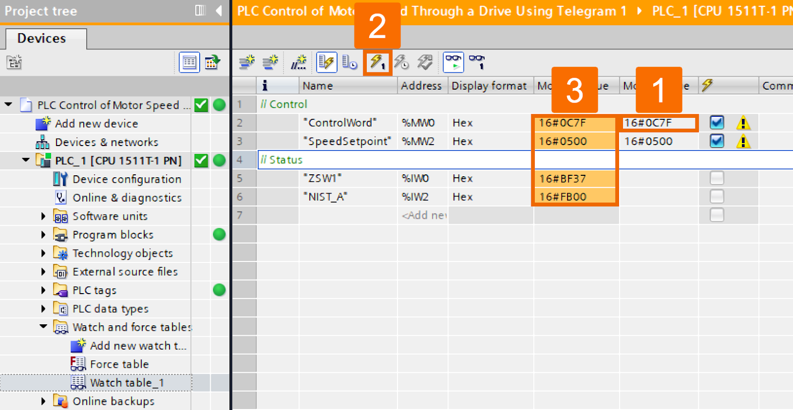 Siemens PLC Control of Motor Speed Through a Drive Using Telegram 1
