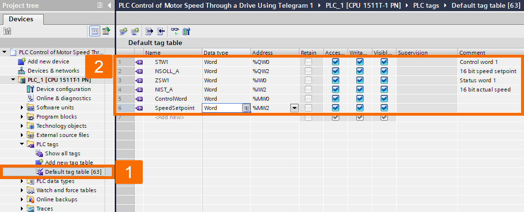 Siemens PLC Control of Motor Speed Through a Drive Using Telegram 1