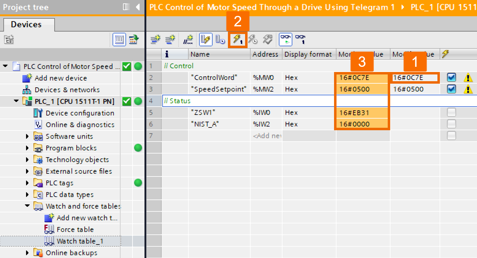 Siemens PLC Control of Motor Speed Through a Drive Using Telegram 1