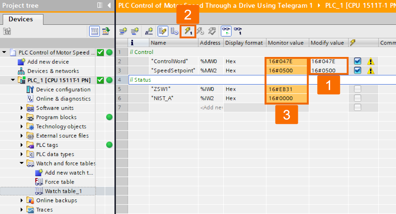 Siemens PLC Control of Motor Speed Through a Drive Using Telegram 1