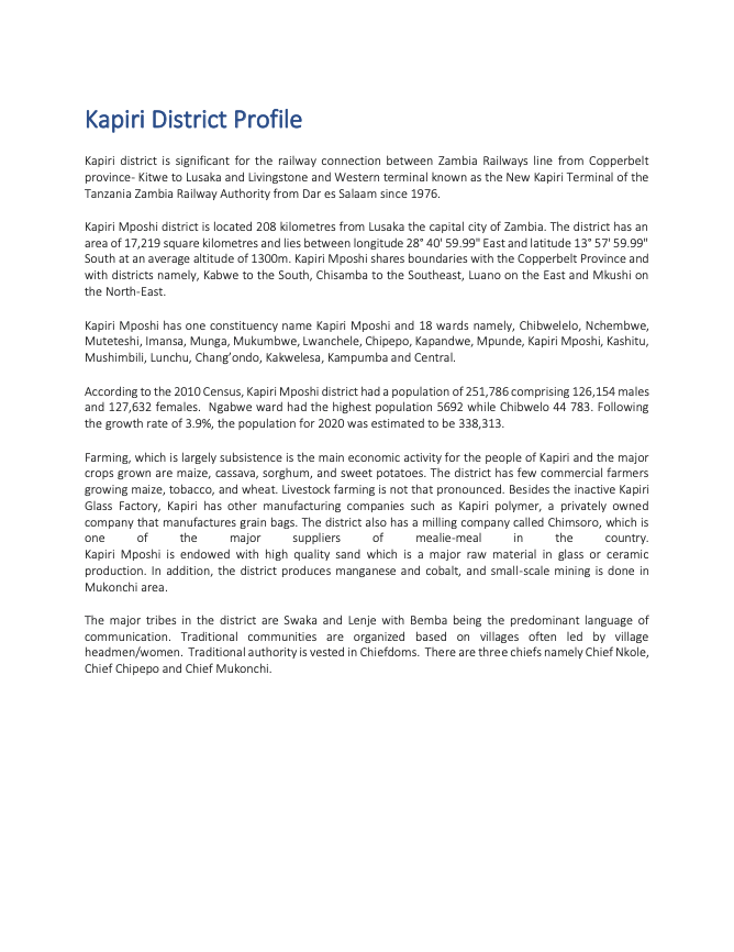 Kapiri District Profile
