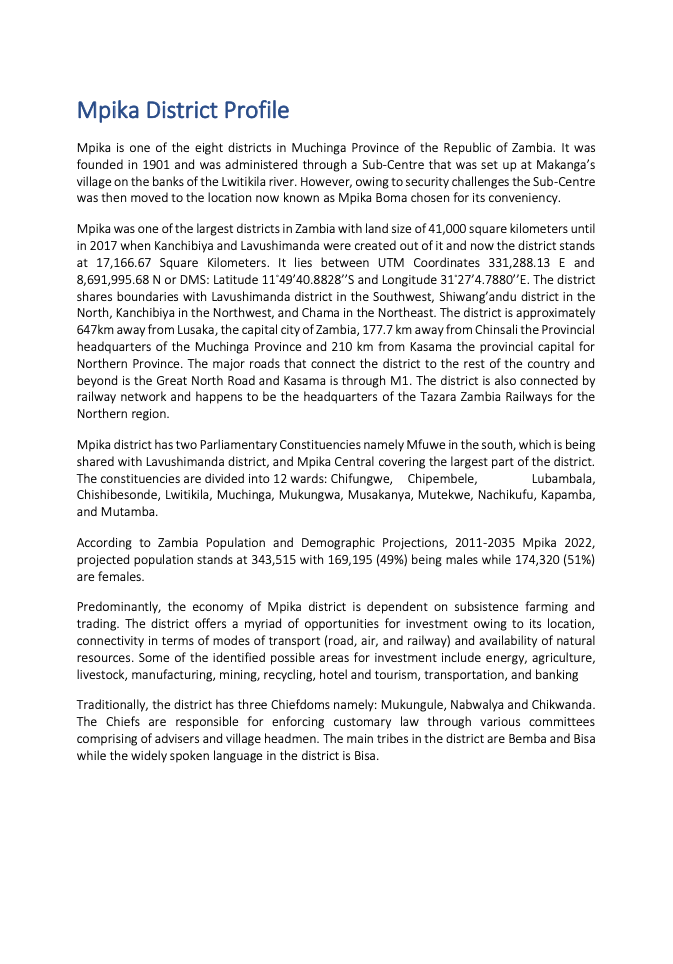 Mpika District Profile