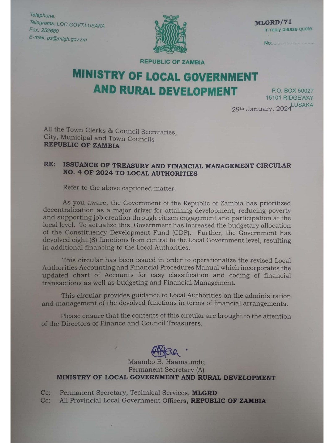 ISSUANCE OF TREASURY AND FINANCIAL MANAGEMENT CIRCULAR