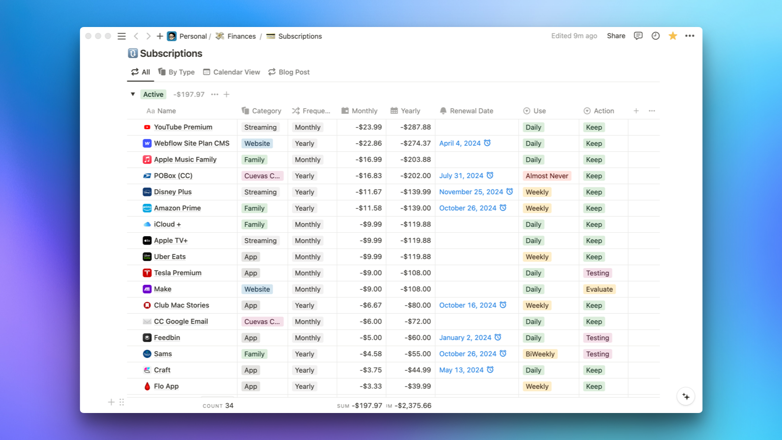 My subscriptions and how I track them with Notion