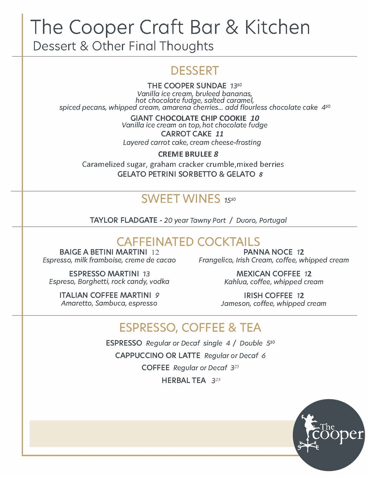 Dessert Menu | The Cooper Restaurant | Max Hospitality