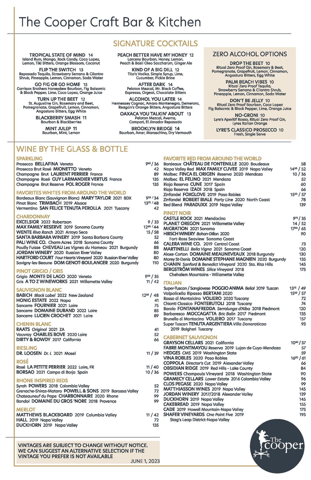 Beverage Menu | The Cooper Restaurant | Max Hospitality