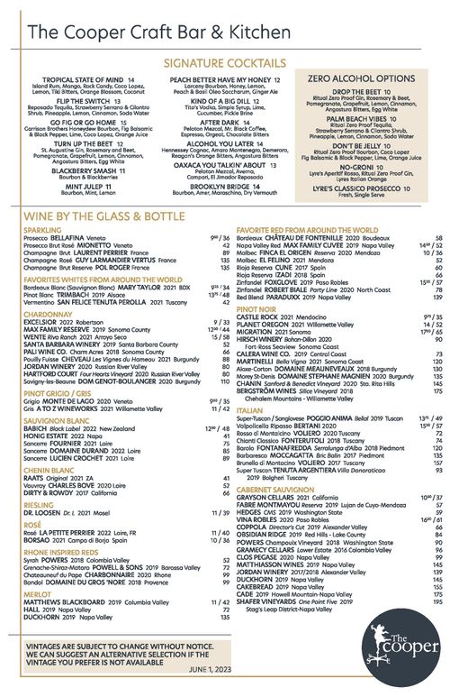 Beverage Menu | The Cooper Restaurant | Max Hospitality