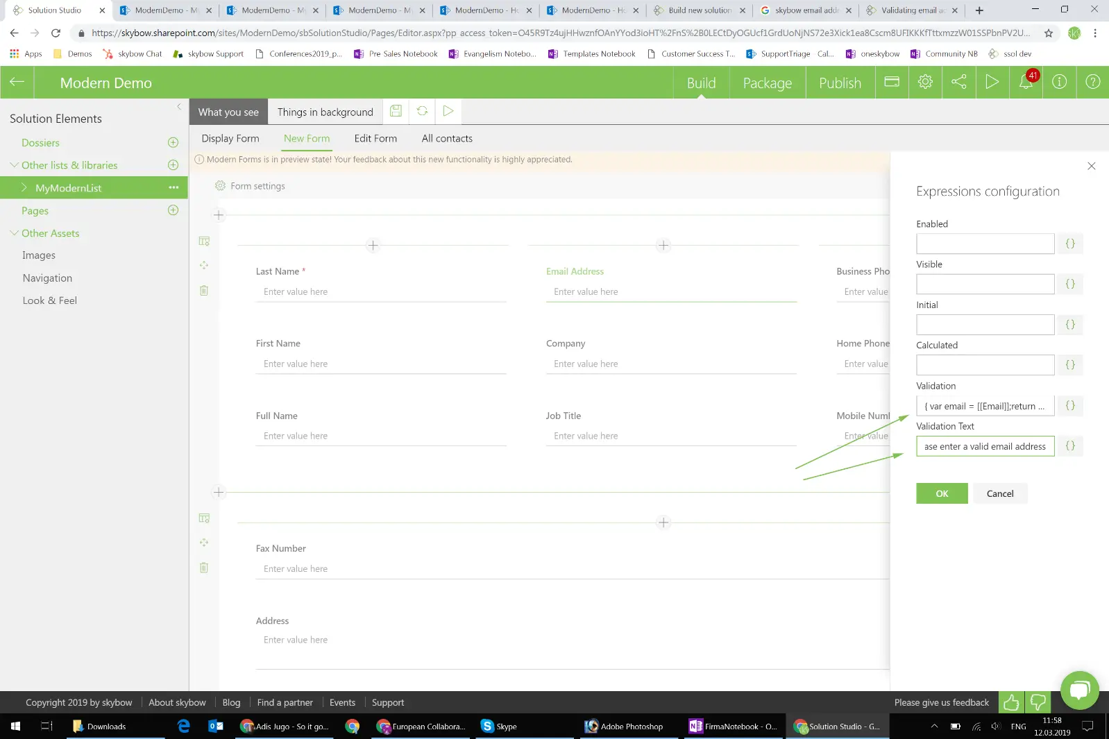 Working with fields in skybow Modern Forms