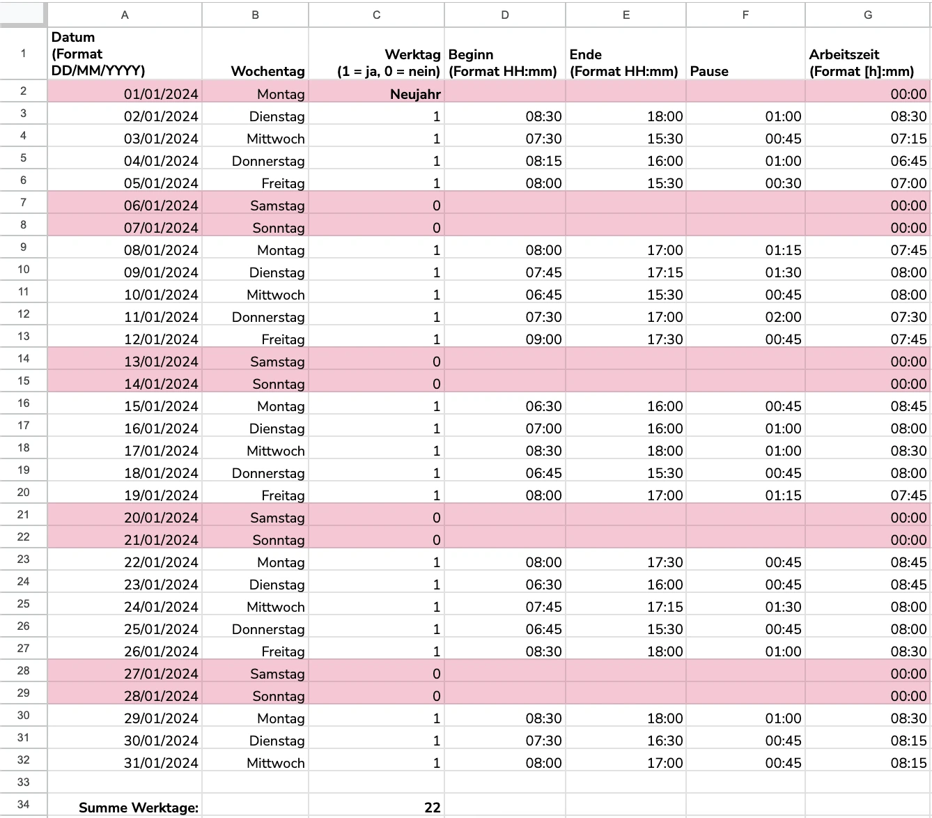 Arbeitszeiterfassung mit Excel 2024 [Vorlage als Download]