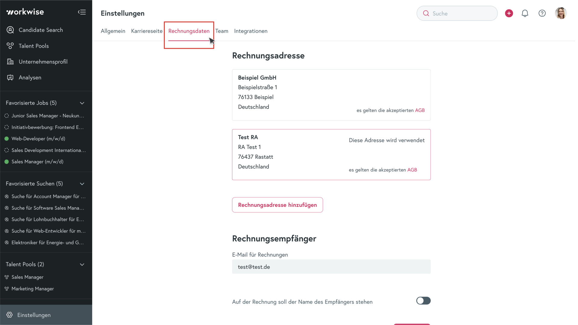 Rechnungsadresse eintragen