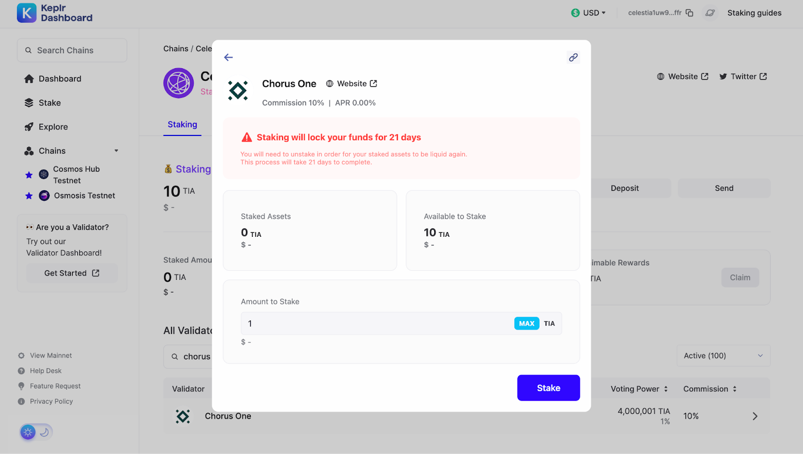 Stake TIA with Chorus One | TIA Staking Rewards Calculator