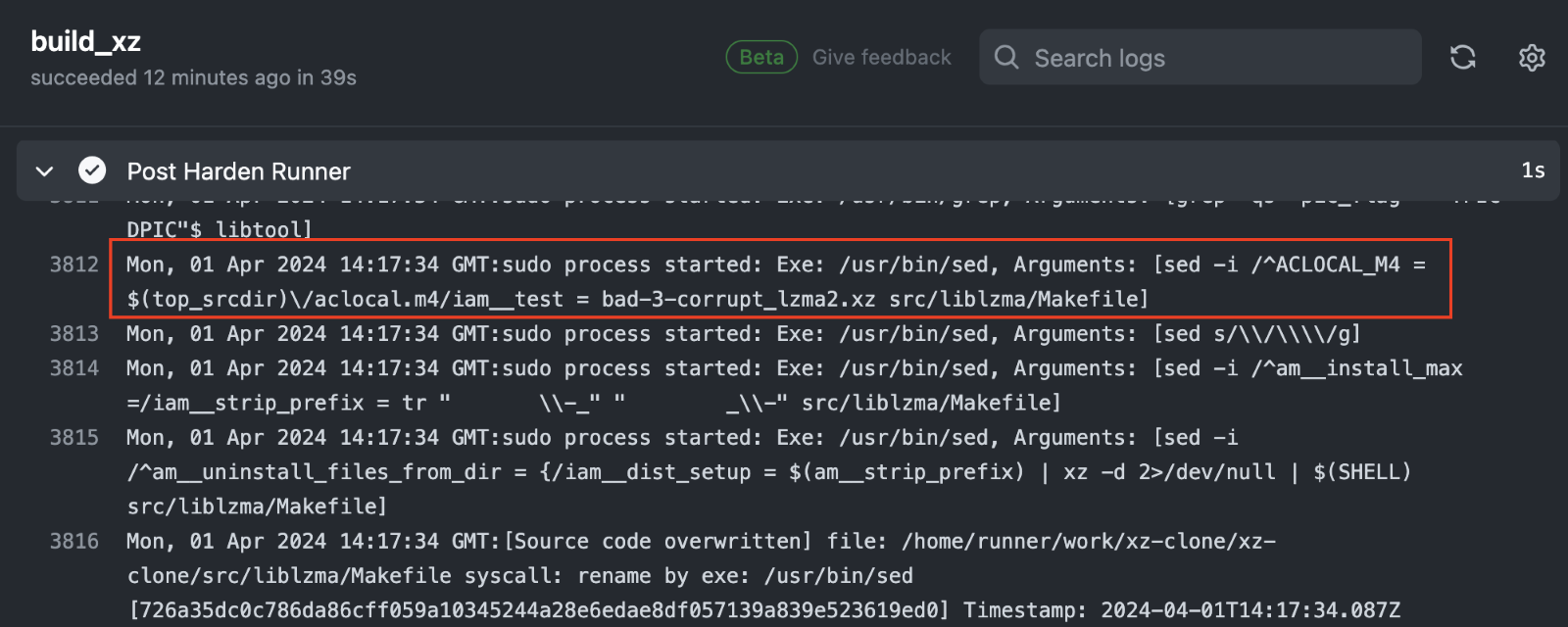 Analysis of Backdoored XZ Utils Build Process with Harden-Runner