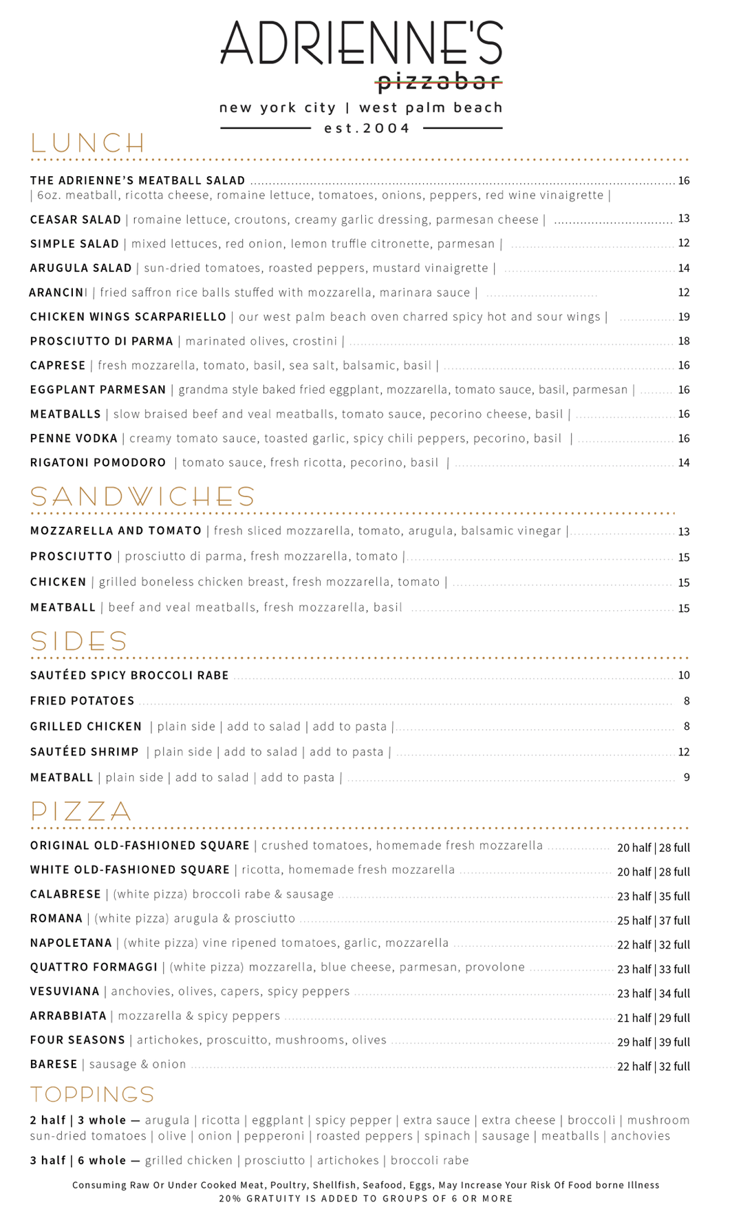 New York City Menu | Adrienne's Pizzabar