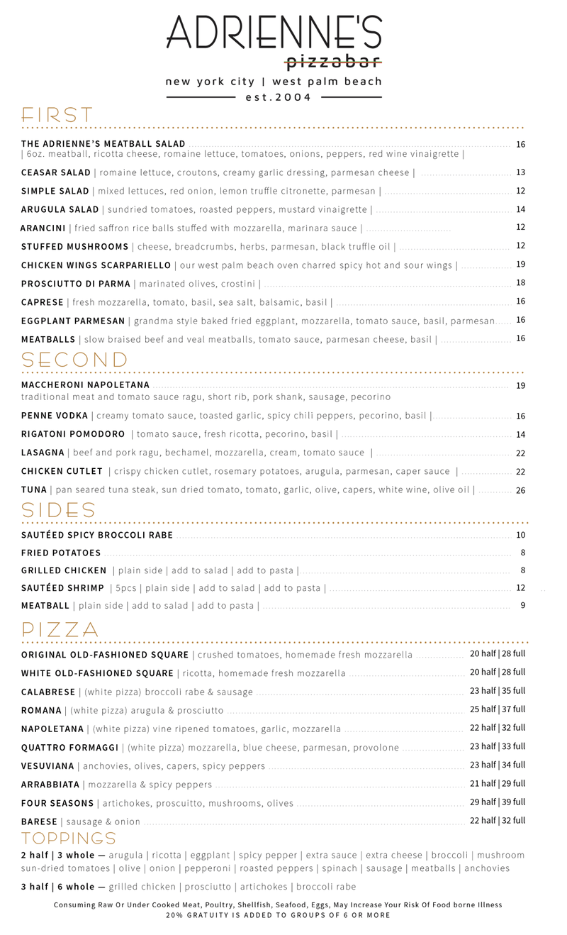 New York City Menu | Adrienne's Pizzabar