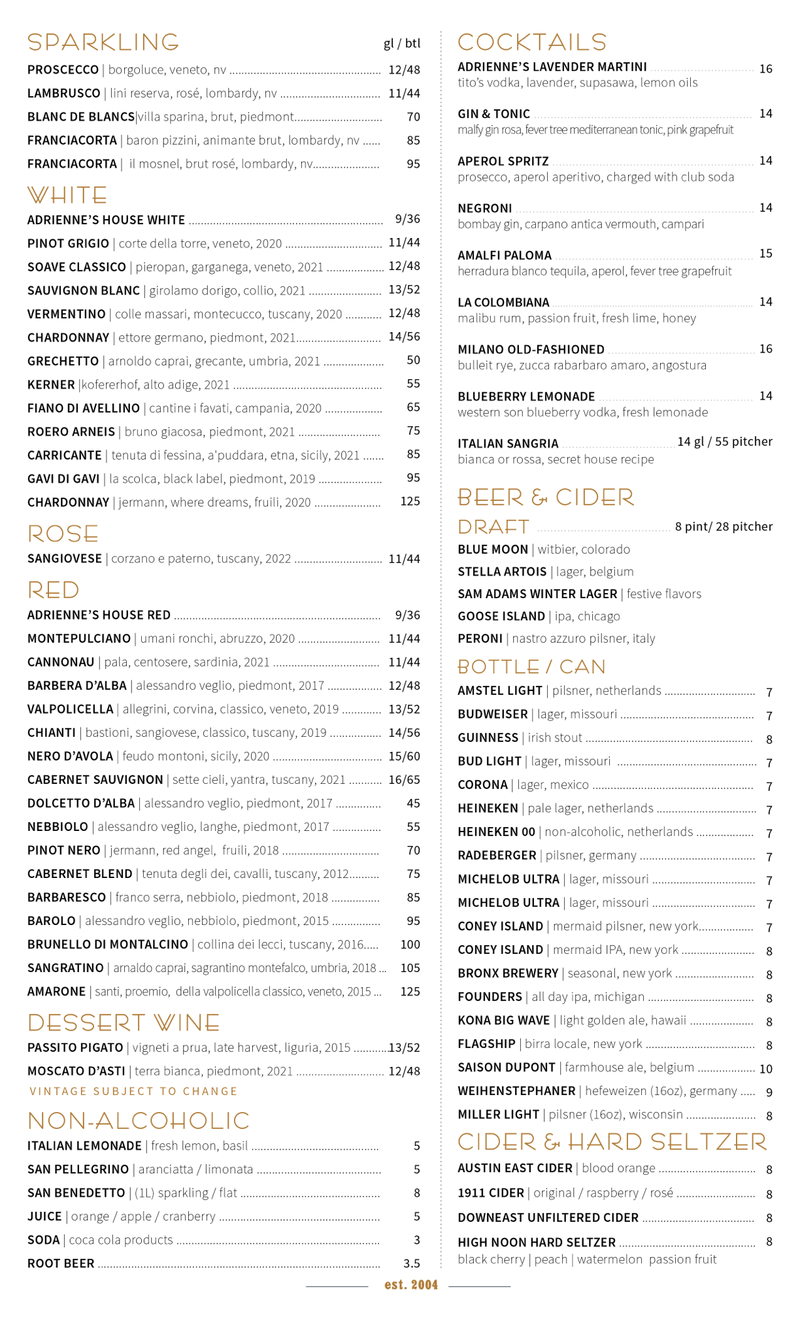 New York City Menu | Adrienne's Pizzabar