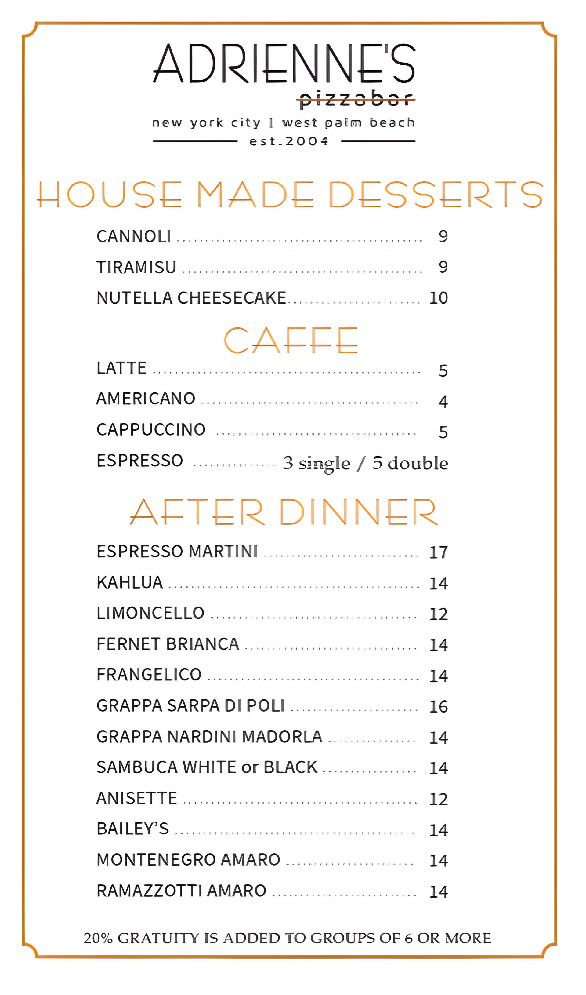 New York City Menu | Adrienne's Pizzabar