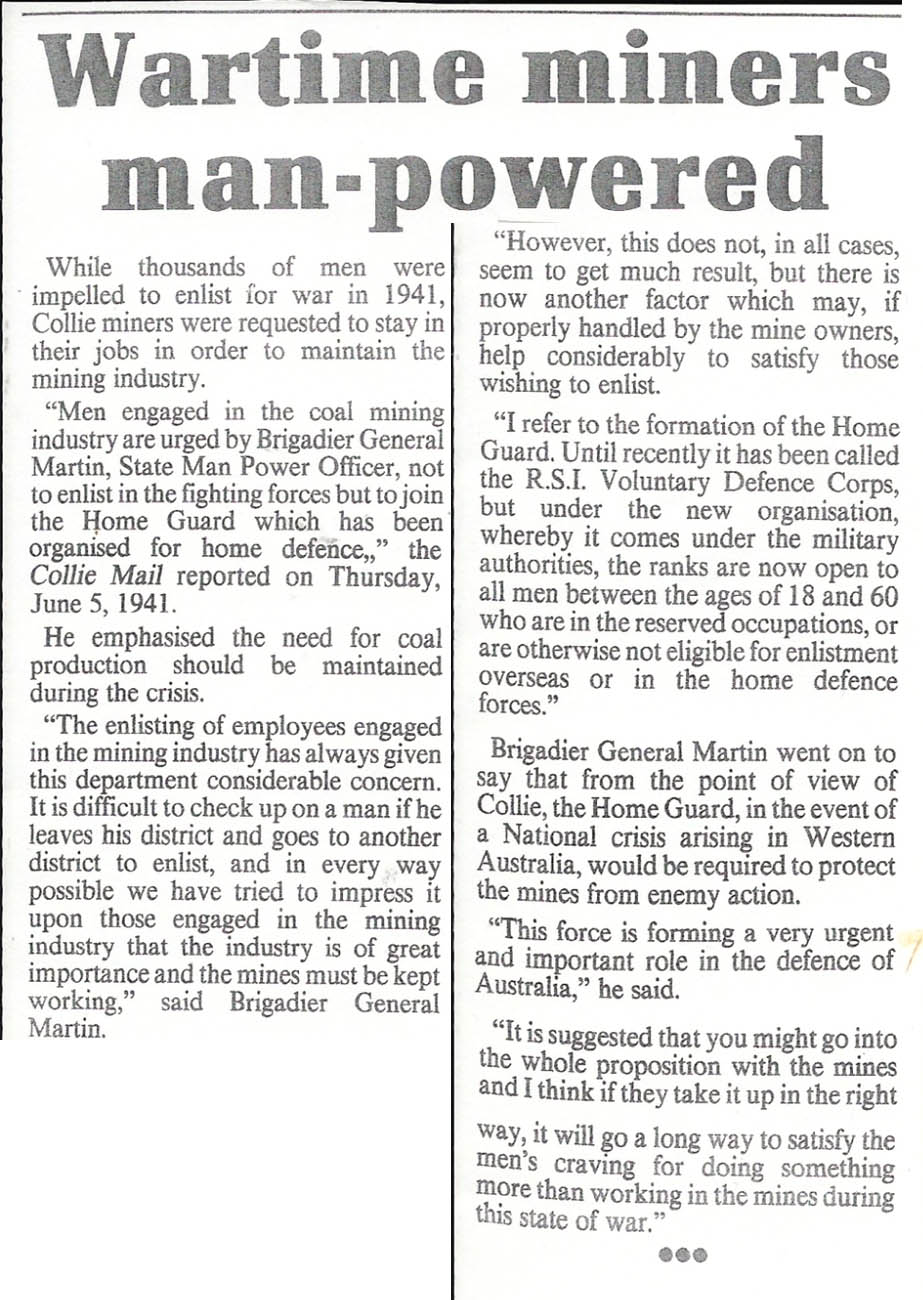 Wartime Miners | Collie Cardiff RSL