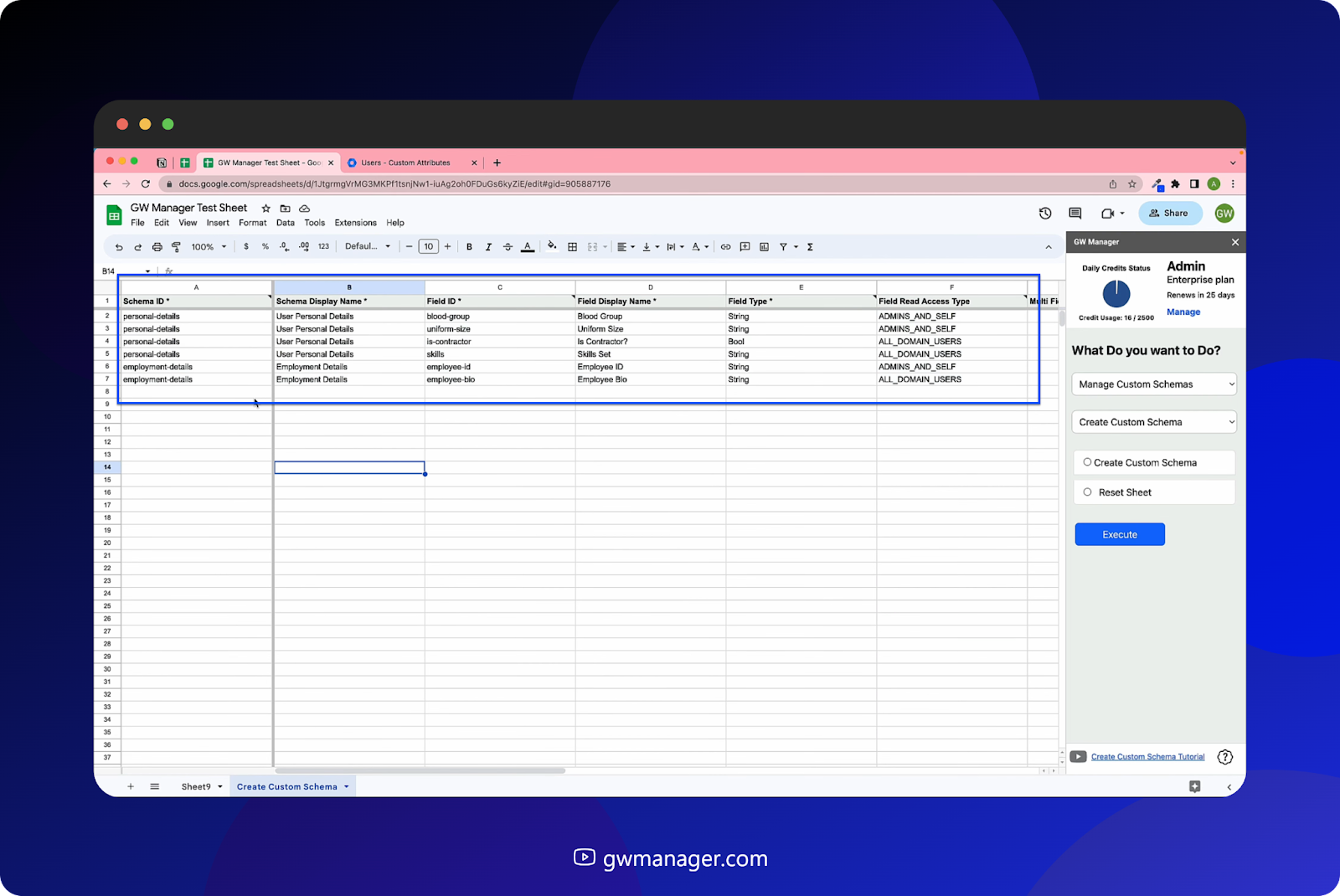 Create Google Workspace Custom Schema with GW Manager