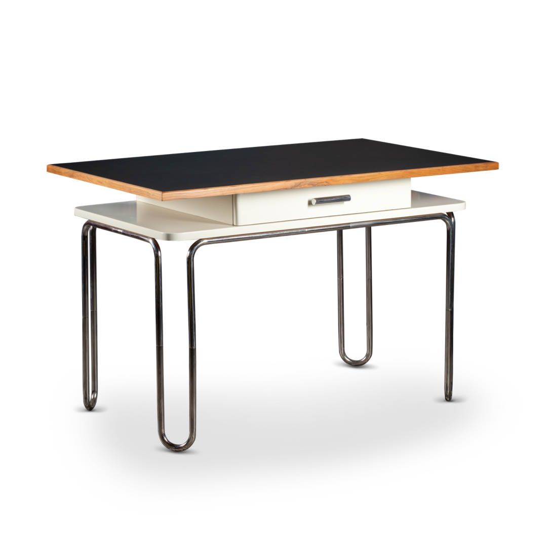 Metal and Wood Functionalist Tubular Table with Drawer | HasModern