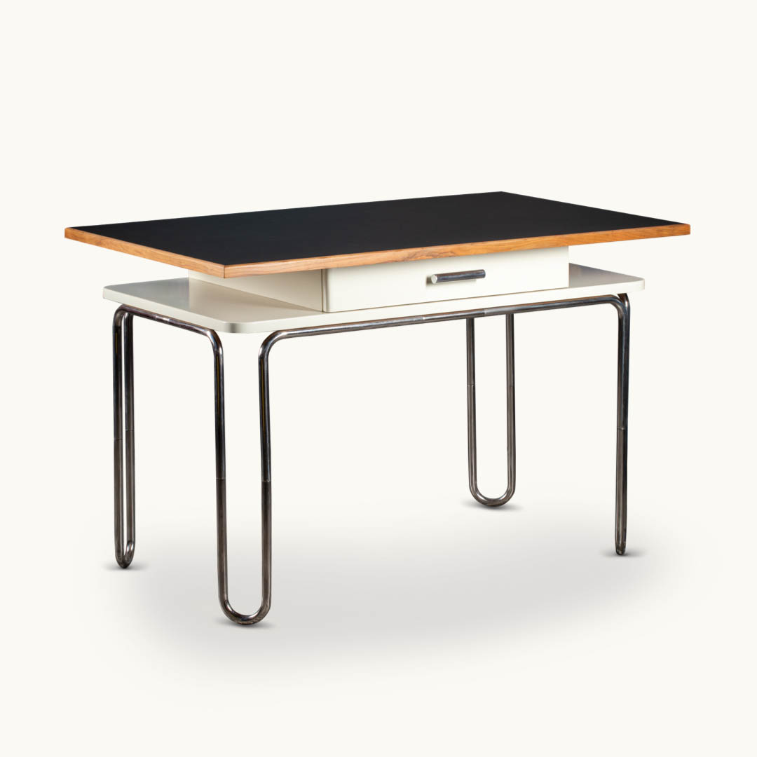 Metal and Wood Functionalist Tubular Table with Drawer | HasModern