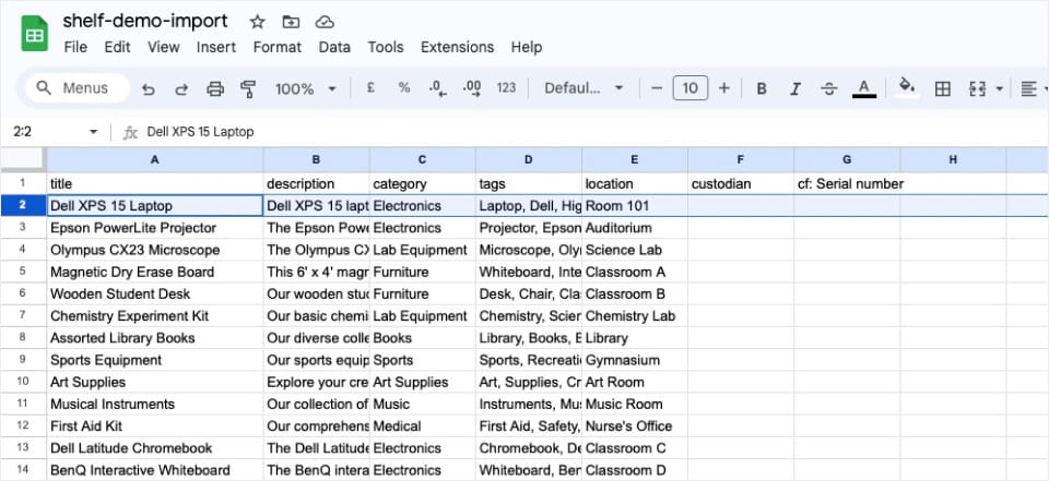 Shelf | How to prepare a spreadsheet for bulk importing assets