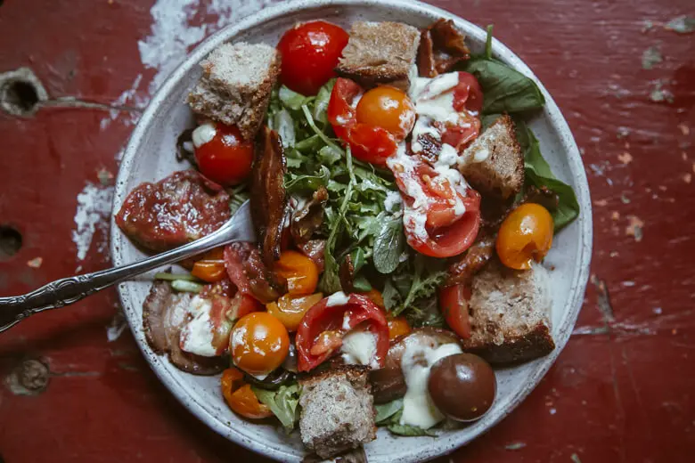Deconstructed BLT with Heirloom Tomatoes and Mixed Greens