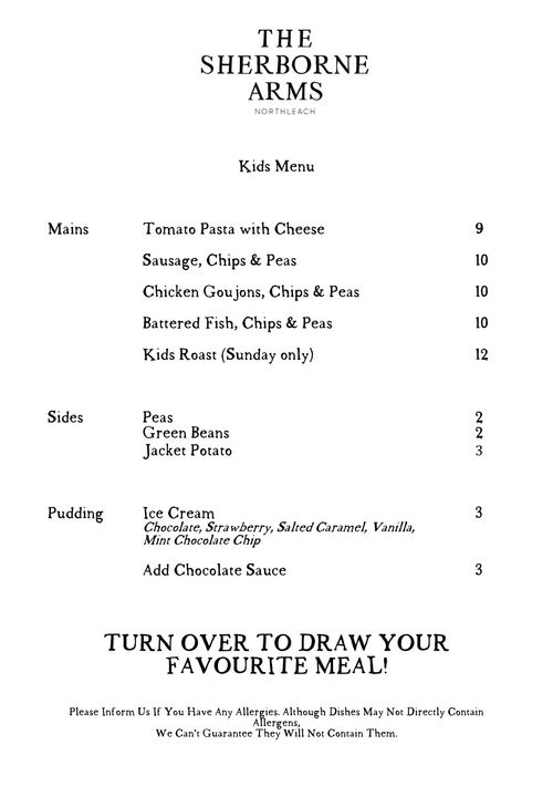Kids Menu - The Sherborne Arms