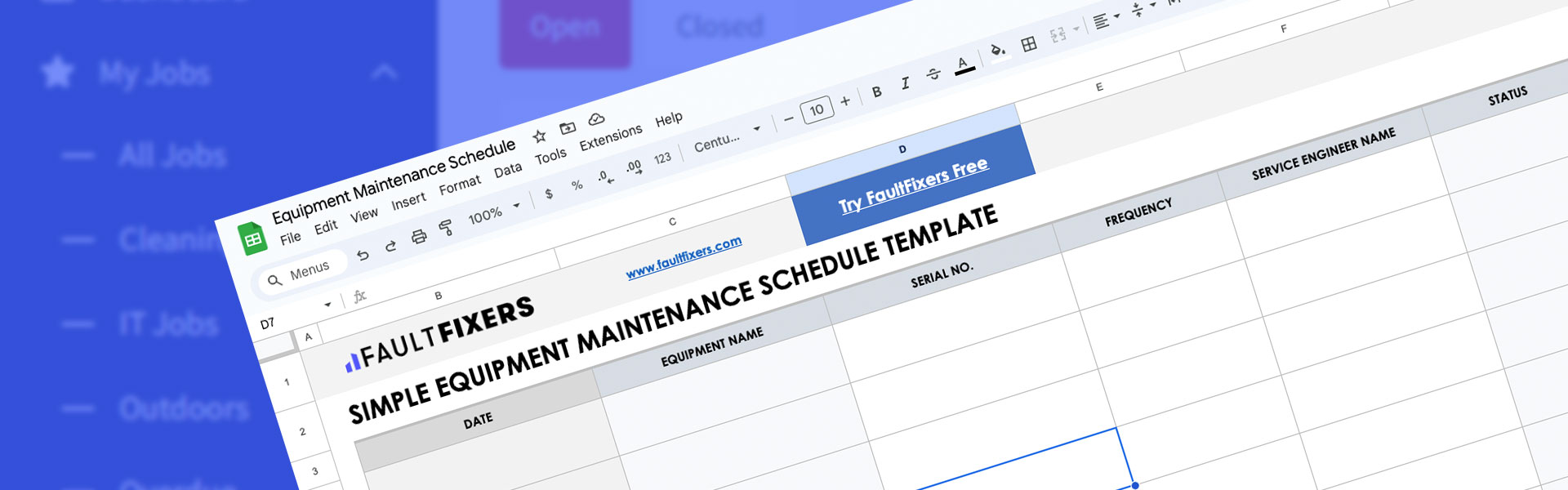 An equipment maintenance spreadsheet in Excel by FaultFixers