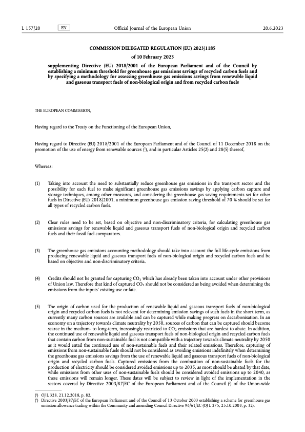 Report - EC Delegated Regulation (EU) 2023/1185: Greenhouse gas ...