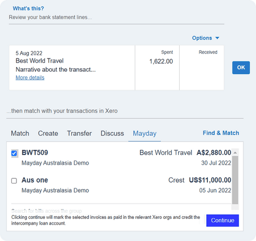 Mayday BRAG (Bank Reconciliation Across the Group) for Xero