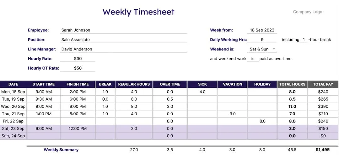 8 Free & Printable Timesheet Templates for Employee Hours