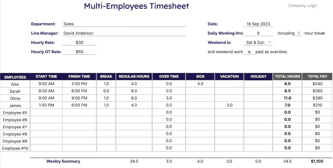 8 Free & Printable Timesheet Templates for Employee Hours