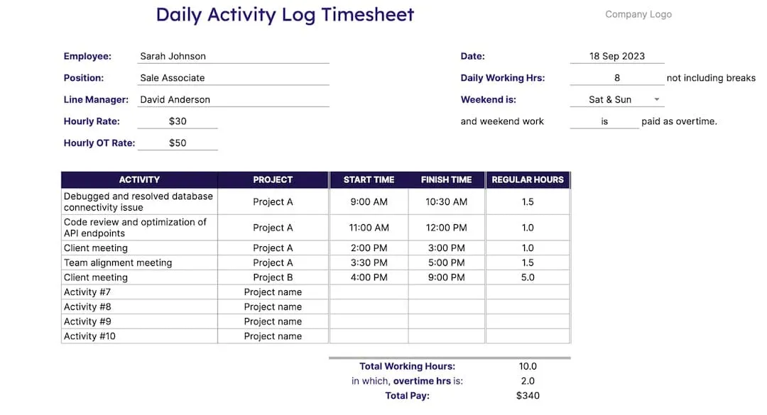 8 Free & Printable Timesheet Templates for Employee Hours
