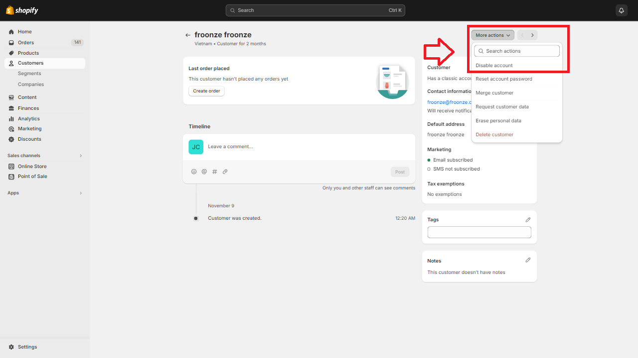 How to disable a customer in Shopify - Froonze