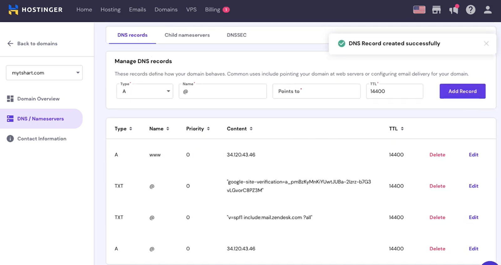 DNS Records Setup for Hostinger