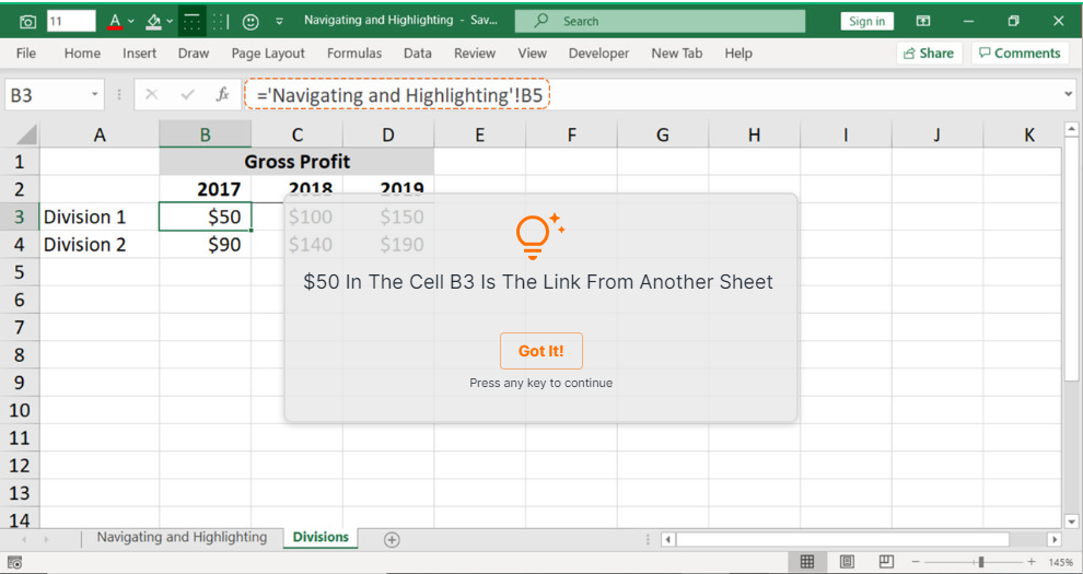 excel link from one sheet to another
