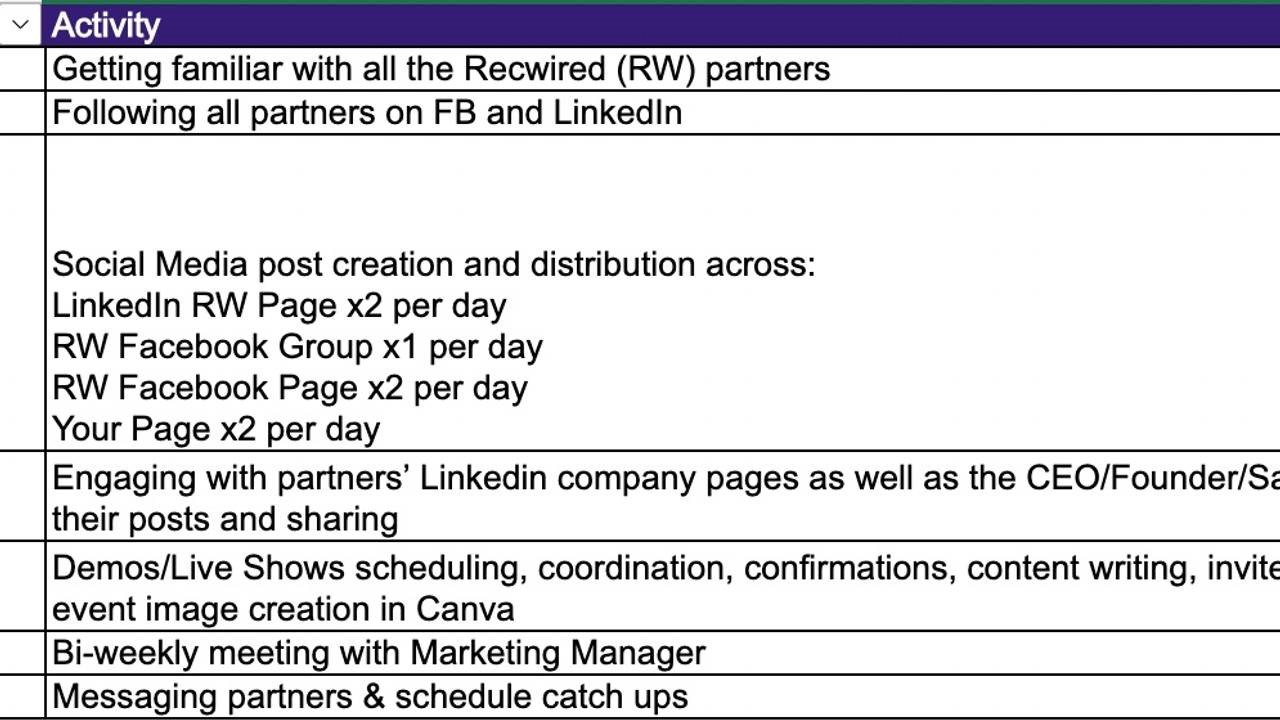 Community & Social media Manager VA Activity Tracker