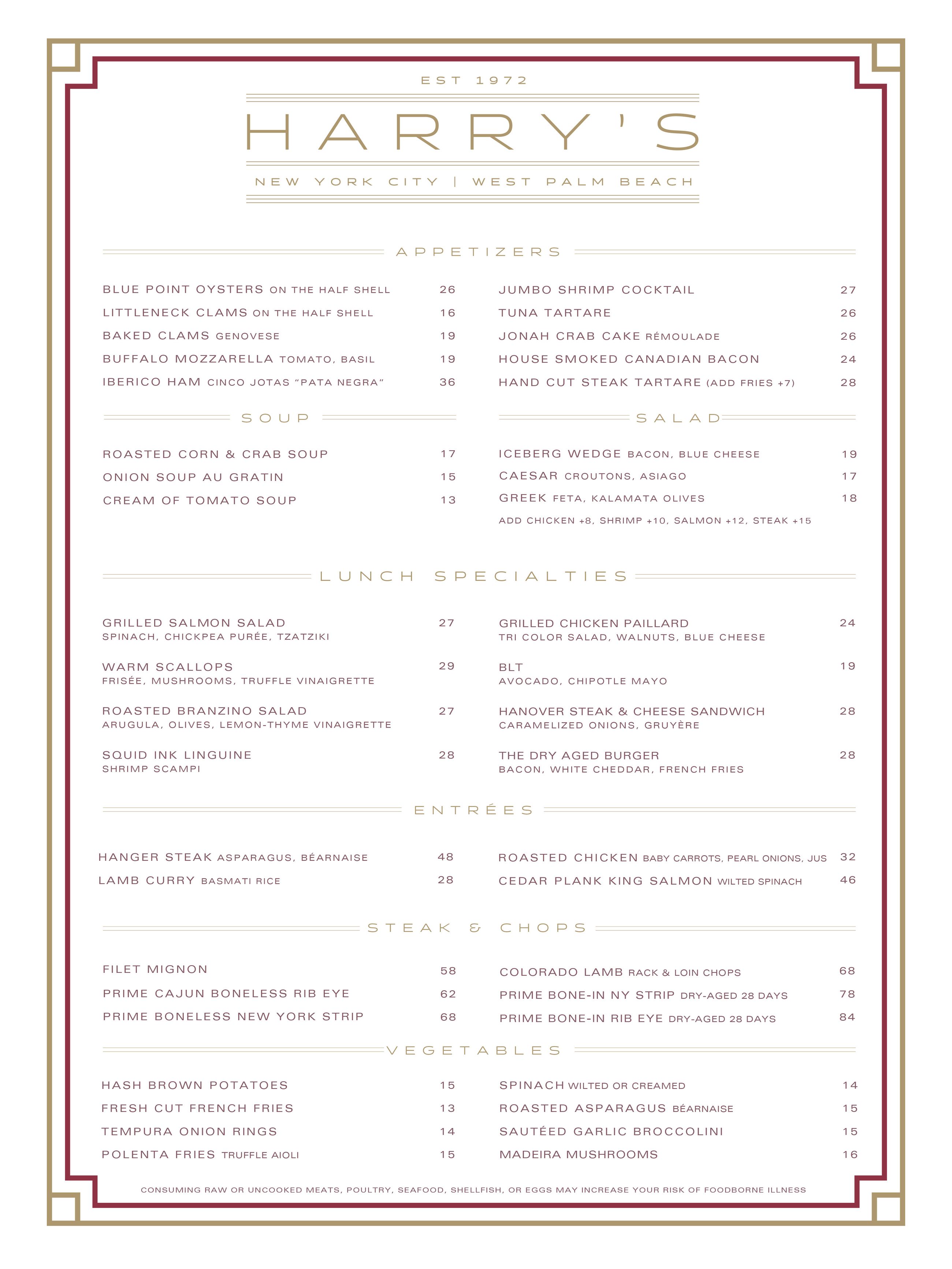 Harry's Bar & Restaurant | New York City Menu