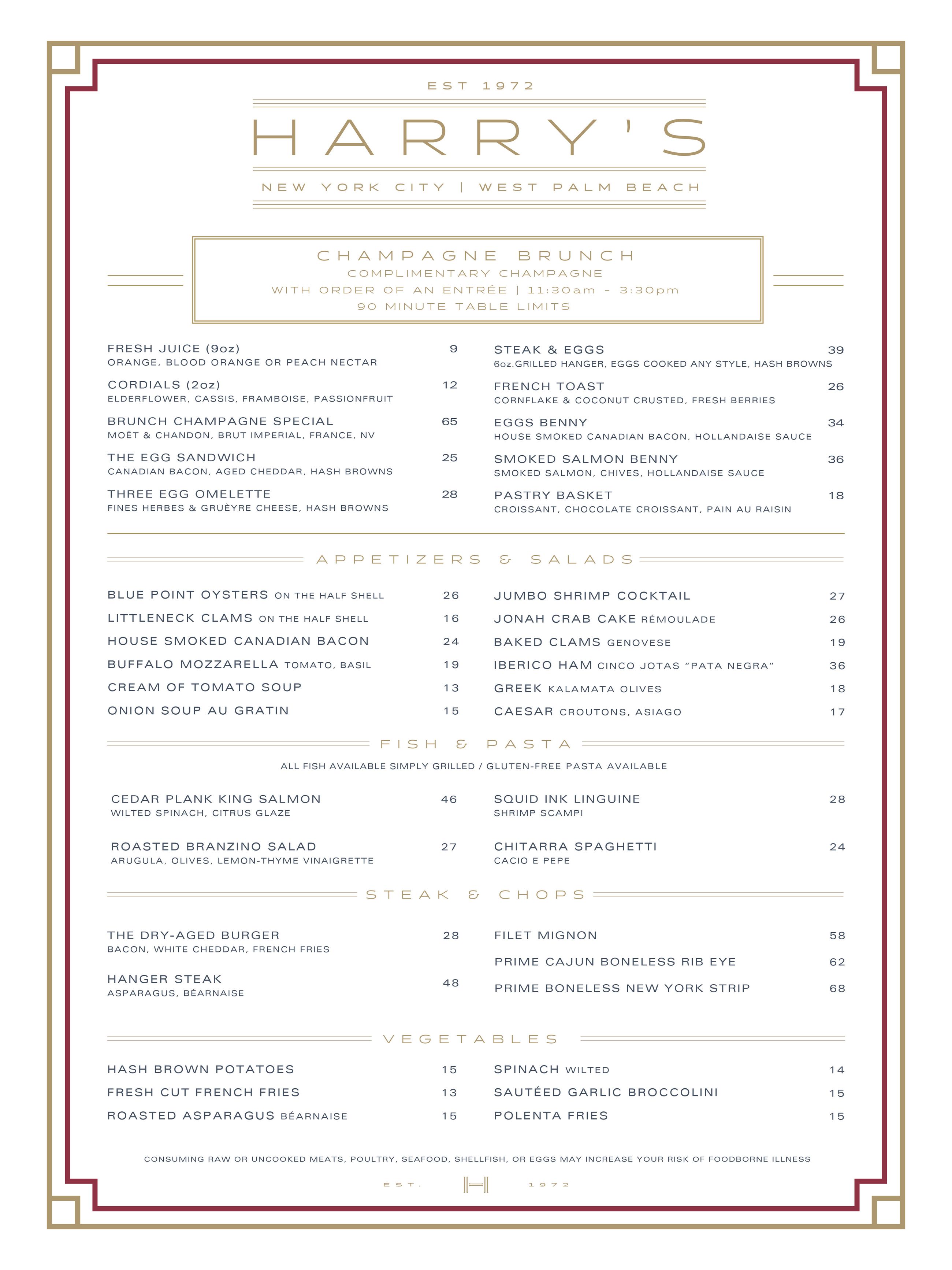 Harry's Bar & Restaurant | New York City Menu