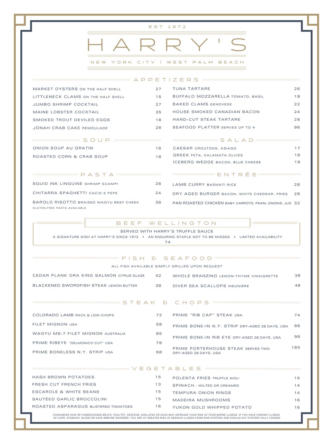 Harry's Bar & Restaurant | West Palm Beach Menu