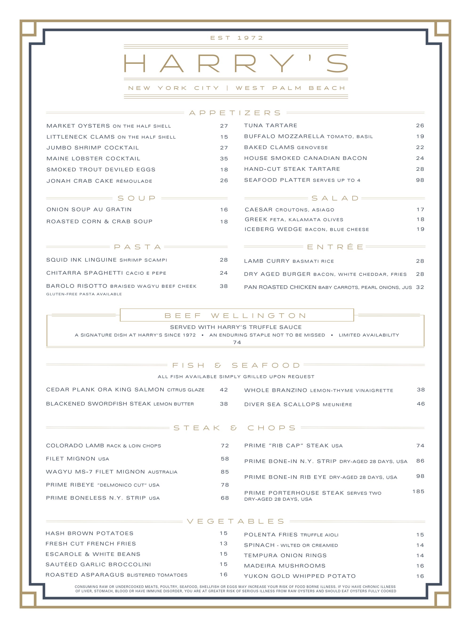 Harry's Bar & Restaurant | West Palm Beach Menu