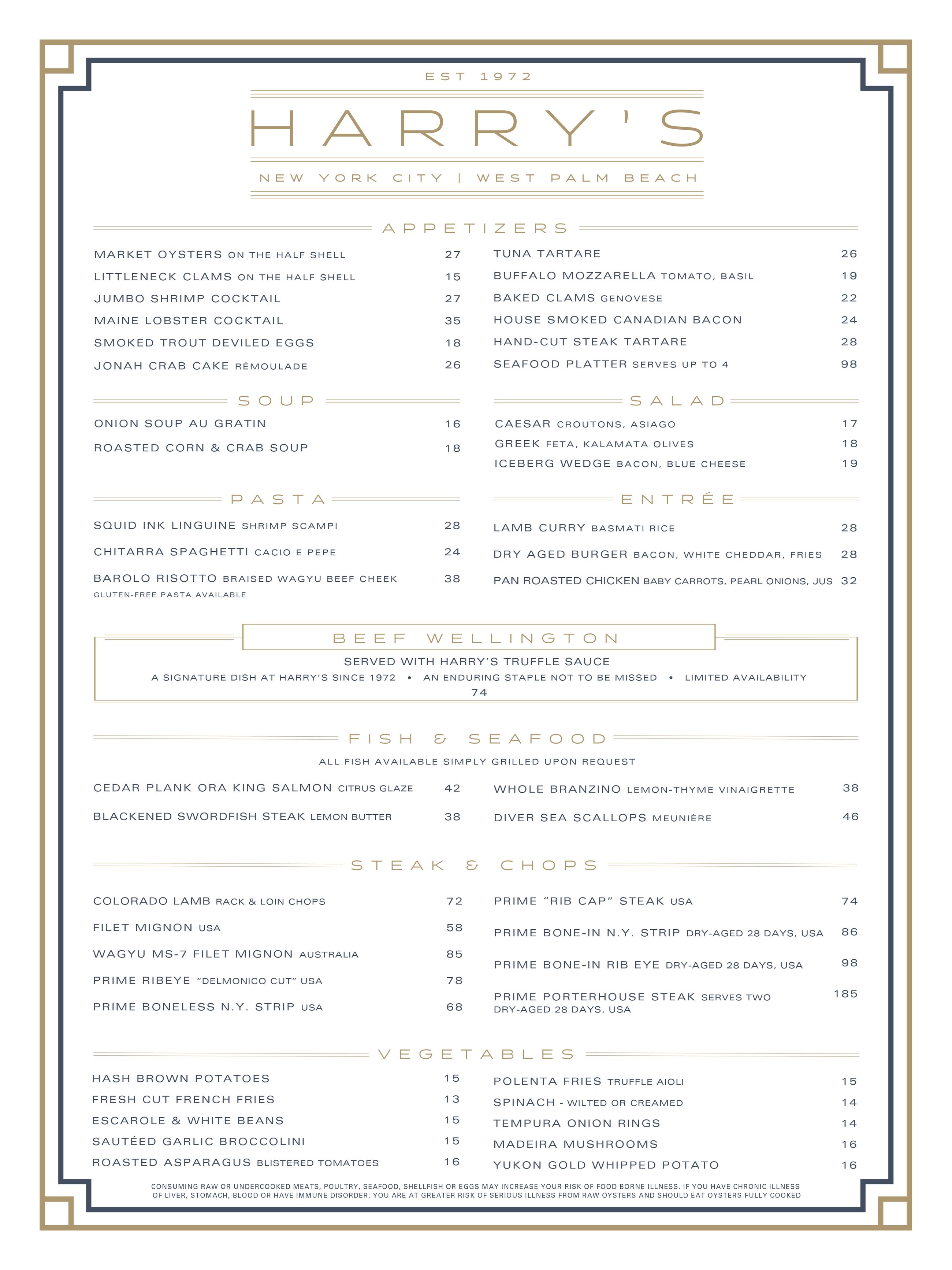 Harry's Bar & Restaurant | West Palm Beach Menu