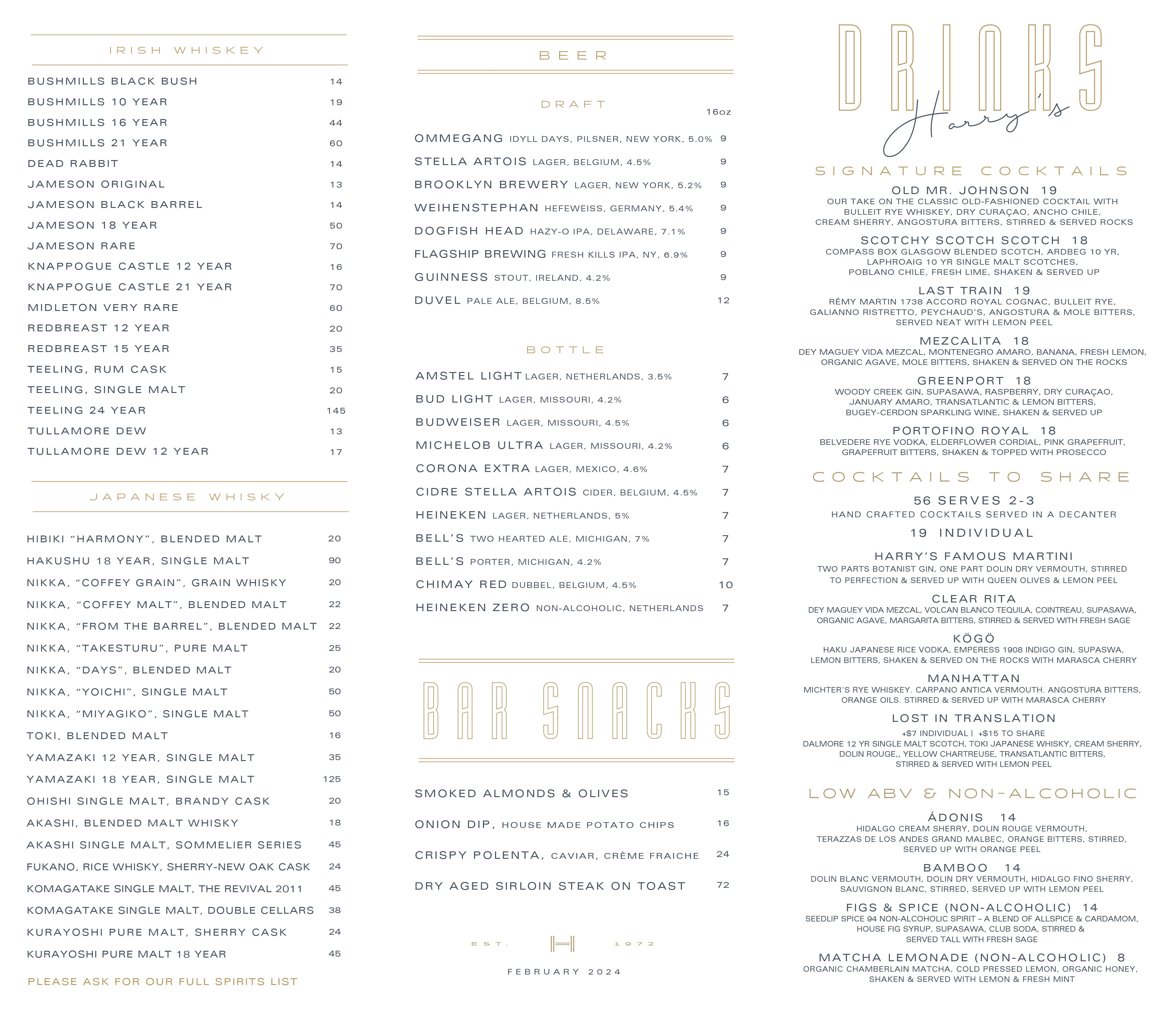 Harry's Bar & Restaurant | New York City Menu