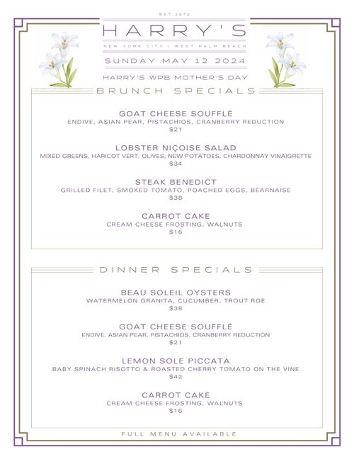 Harry's Bar & Restaurant | West Palm Beach Menu