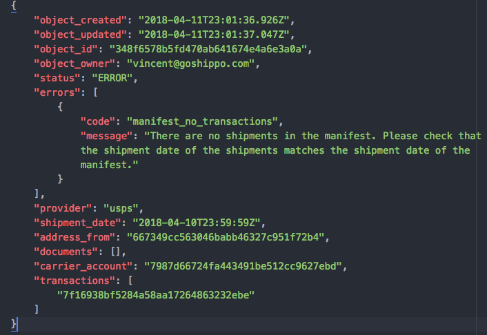 New API Manifest Error Code and Messages