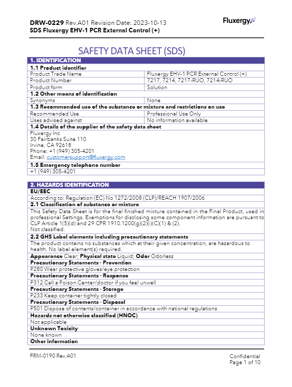 Fluxergy - EHV-1 PCR External Control (+) - Safety Data Sheet